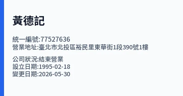 黃德記的照片-統編 77527636(臺北市) 公司登記資料與營業項目詳細圖表
