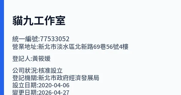 貓九工作室的照片-統編 77533052(新北市) 公司登記資料與營業項目詳細圖表