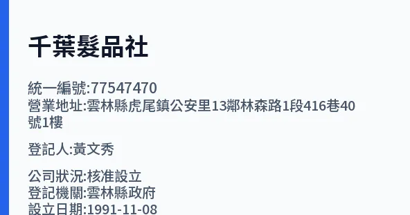 千葉髮品社的照片-統編 77547470(雲林縣) 公司登記資料與營業項目詳細圖表