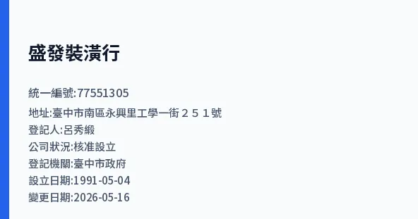 盛發裝潢行的照片-統編 77551305(臺中市) 公司登記資料與營業項目詳細圖表