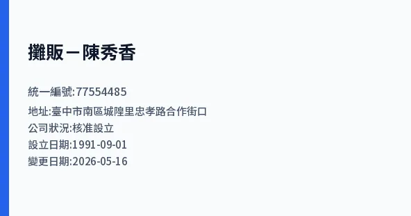 攤販-陳秀香的照片-統編 77554485(臺中市) 公司登記資料與營業項目詳細圖表