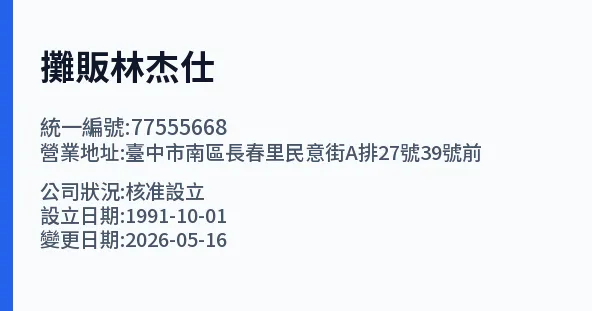 攤販林杰仕的照片-統編 77555668(臺中市) 公司登記資料與營業項目詳細圖表