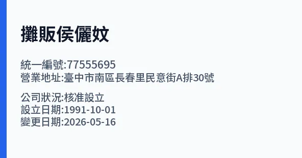 攤販侯儷妏的照片-統編 77555695(臺中市) 公司登記資料與營業項目詳細圖表