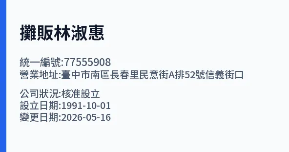 攤販林淑惠的照片-統編 77555908(臺中市) 公司登記資料與營業項目詳細圖表