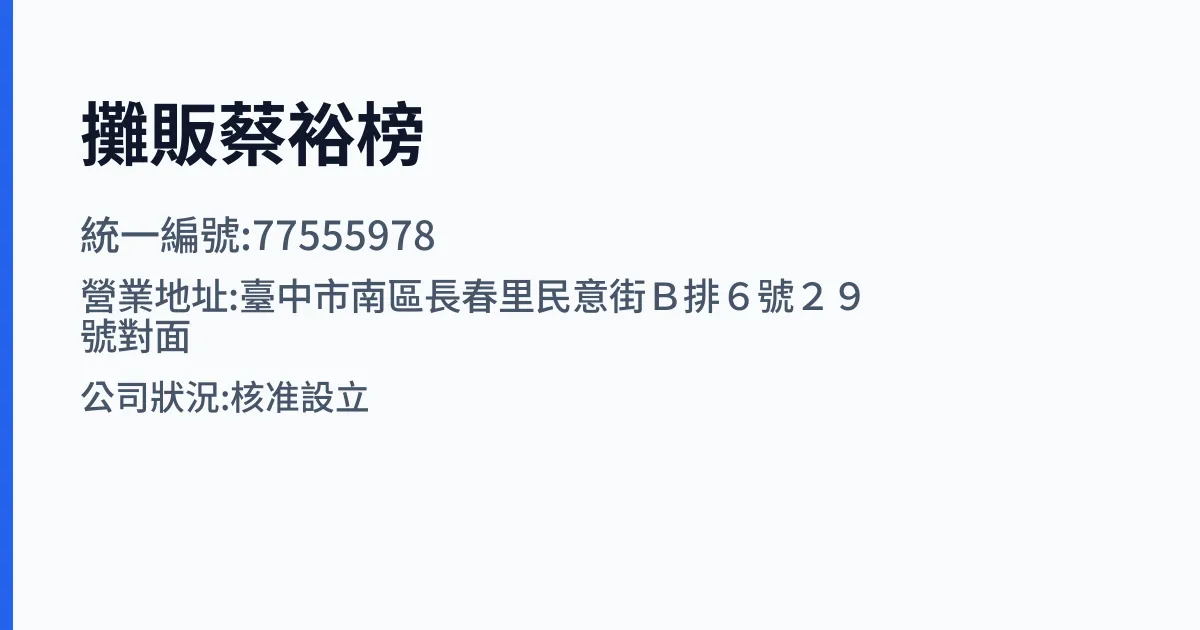 攤販蔡裕榜 - 統編 77555978(臺中市) 公司登記資料與營業項目詳細圖表