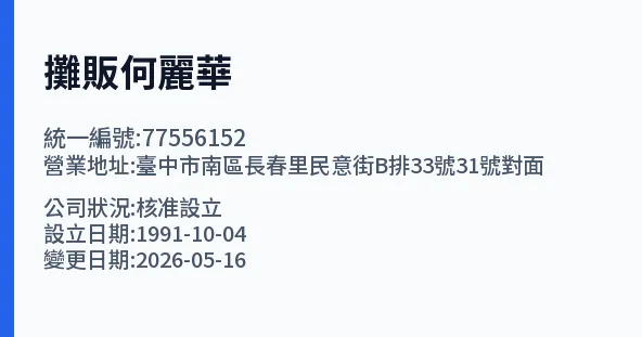 攤販何麗華的照片-統編 77556152(臺中市) 公司登記資料與營業項目詳細圖表