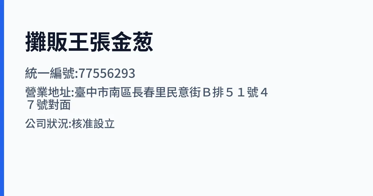 攤販王張金葱 - 統編 77556293(臺中市) 公司登記資料與營業項目詳細圖表