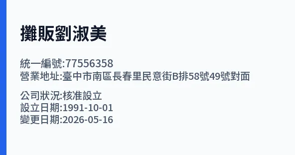 攤販劉淑美的照片-統編 77556358(臺中市) 公司登記資料與營業項目詳細圖表
