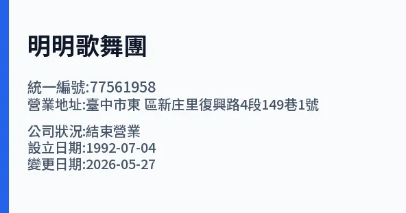 明明歌舞團的照片-統編 77561958(臺中市) 公司登記資料與營業項目詳細圖表