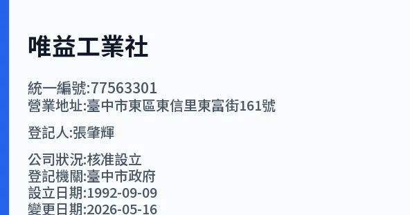 唯益工業社的照片-統編 77563301(臺中市) 公司登記資料與營業項目詳細圖表