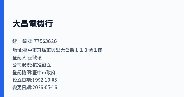 大昌電機行的照片-統編 77563626(臺中市) 公司登記資料與營業項目詳細圖表