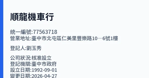 順龍機車行的照片-統編 77563718(臺中市) 公司登記資料與營業項目詳細圖表