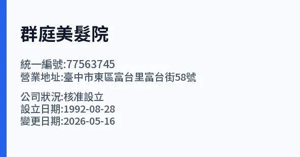 群庭美髮院的照片-統編 77563745(臺中市) 公司登記資料與營業項目詳細圖表