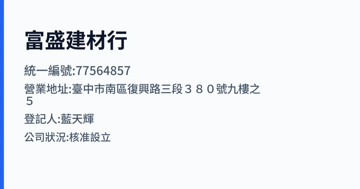 富盛建材行 - 統編 77564857(臺中市) 公司登記資料與營業項目詳細圖表