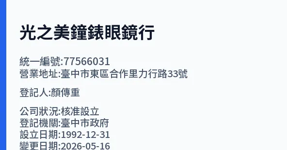 光之美鐘錶眼鏡行的照片-統編 77566031(臺中市) 公司登記資料與營業項目詳細圖表