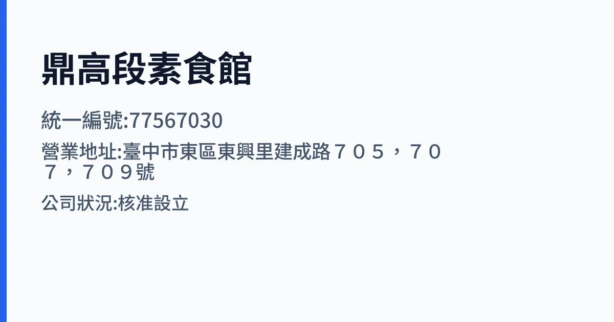 鼎高段素食館 - 統編 77567030(臺中市) 公司登記資料與營業項目詳細圖表