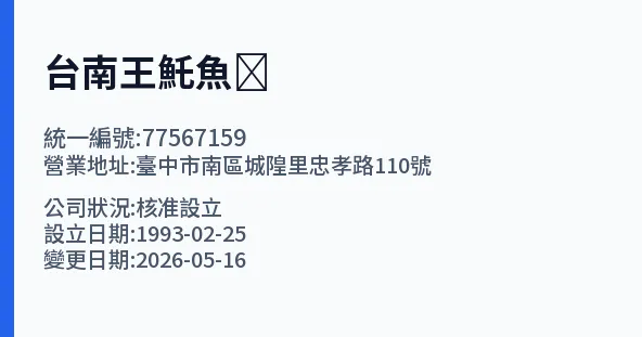 台南王魠魚焿的照片-統編 77567159(臺中市) 公司登記資料與營業項目詳細圖表