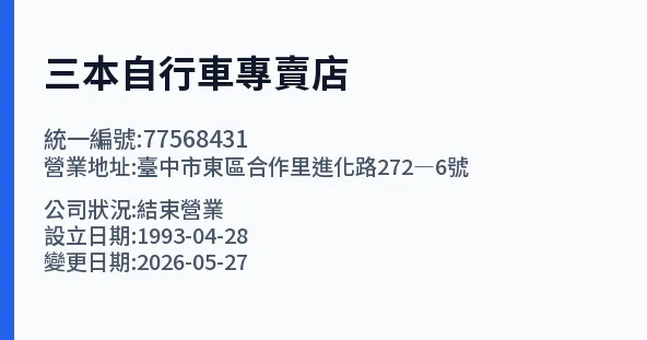 三本自行車專賣店的照片-統編 77568431(臺中市) 公司登記資料與營業項目詳細圖表