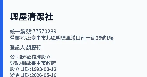 興屋清潔社的照片-統編 77570289(臺中市) 公司登記資料與營業項目詳細圖表