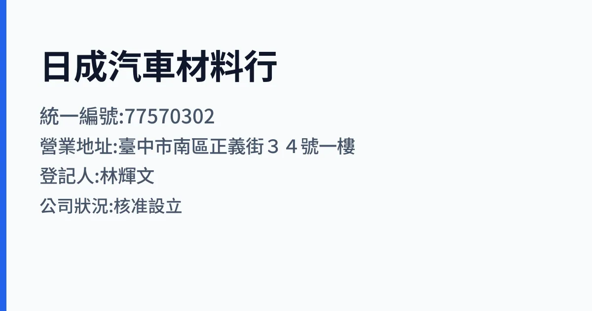 日成汽車材料行 - 統編 77570302(臺中市) 公司登記資料與營業項目詳細圖表