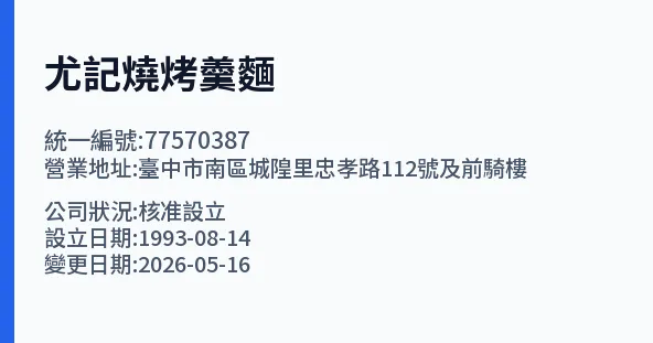 尤記燒烤羹麵的照片-統編 77570387(臺中市) 公司登記資料與營業項目詳細圖表