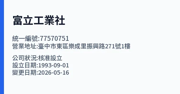 富立工業社的照片-統編 77570751(臺中市) 公司登記資料與營業項目詳細圖表