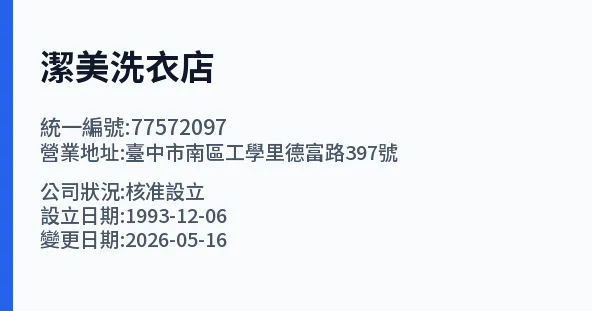 潔美洗衣店的照片-統編 77572097(臺中市) 公司登記資料與營業項目詳細圖表