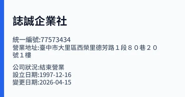 誌誠企業社的照片-統編 77573434(臺中市) 公司登記資料與營業項目詳細圖表