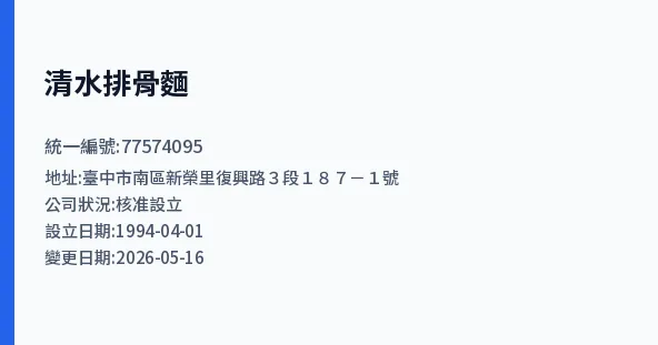 清水排骨麵的照片-統編 77574095(臺中市) 公司登記資料與營業項目詳細圖表