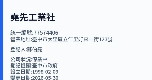 堯先工業社的照片-統編 77574406(臺中市) 公司登記資料與營業項目詳細圖表