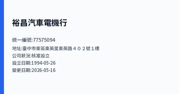 裕昌汽車電機行的照片-統編 77575094(臺中市) 公司登記資料與營業項目詳細圖表