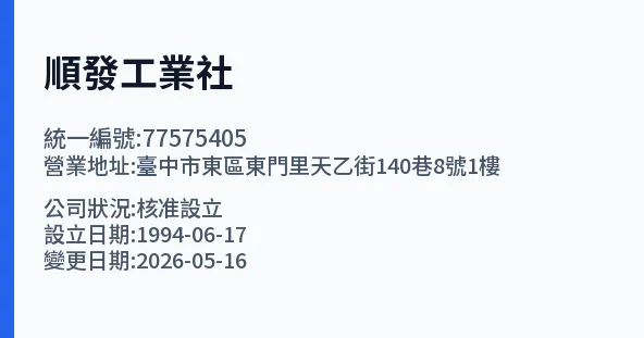 順發工業社的照片-統編 77575405(臺中市) 公司登記資料與營業項目詳細圖表