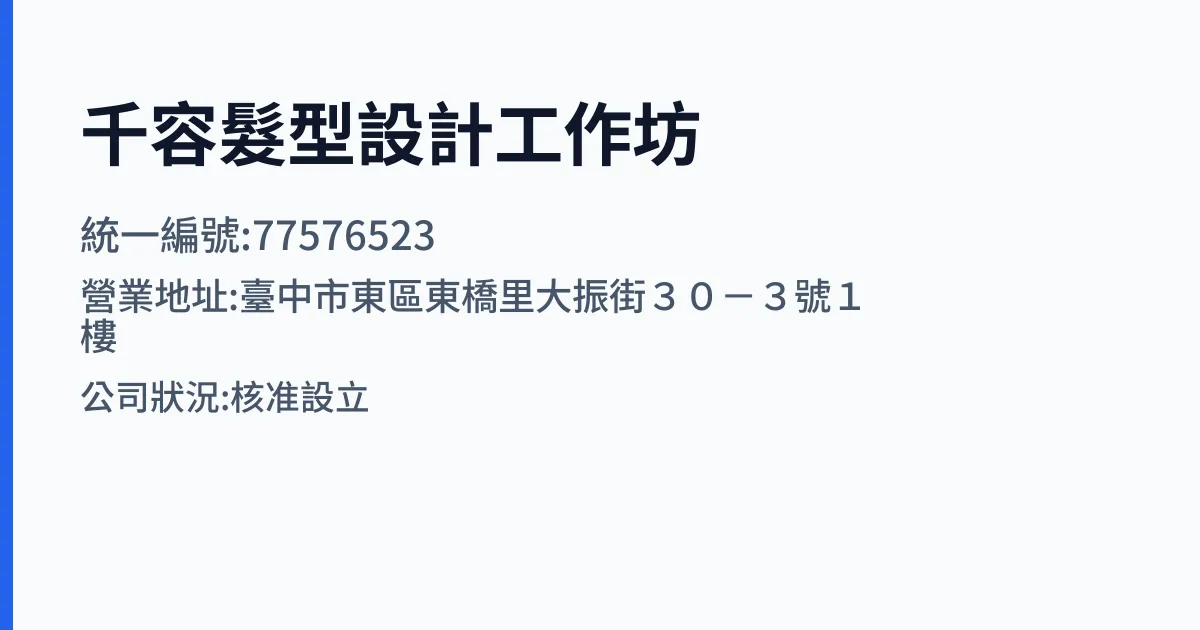 千容髮型設計工作坊 - 統編 77576523(臺中市) 公司登記資料與營業項目詳細圖表