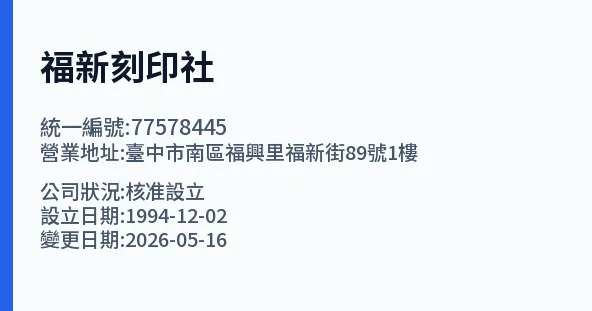 福新刻印社的照片-統編 77578445(臺中市) 公司登記資料與營業項目詳細圖表