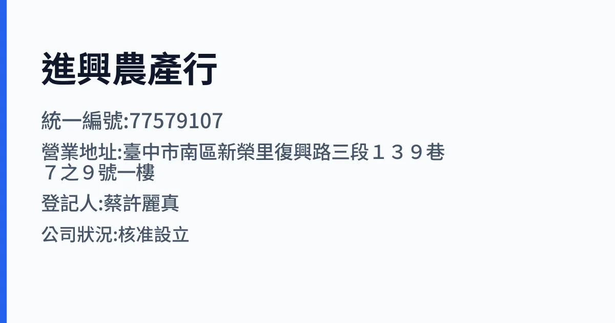 進興農產行 - 統編 77579107(臺中市) 公司登記資料與營業項目詳細圖表