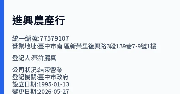 進興農產行的照片-統編 77579107(臺中市) 公司登記資料與營業項目詳細圖表