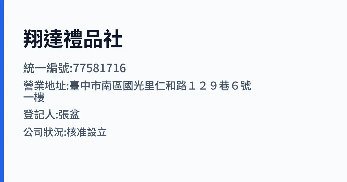 翔達禮品社 - 統編 77581716(臺中市) 公司登記資料與營業項目詳細圖表