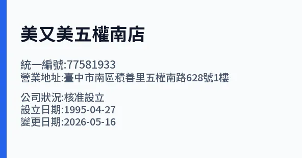 美又美五權南店的照片-統編 77581933(臺中市) 公司登記資料與營業項目詳細圖表