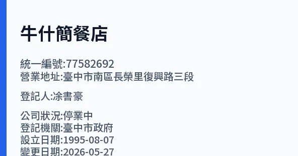牛什簡餐店的照片-統編 77582692(臺中市) 公司登記資料與營業項目詳細圖表