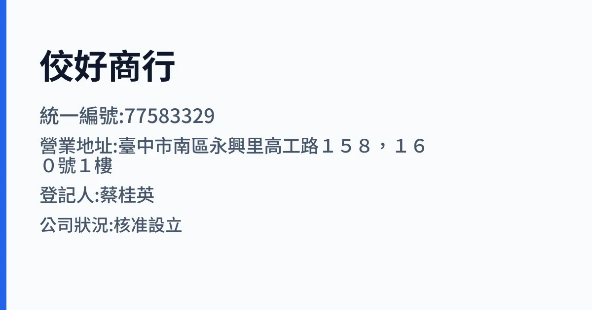 佼好商行 - 統編 77583329(臺中市) 公司登記資料與營業項目詳細圖表