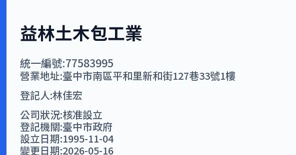 益林土木包工業的照片-統編 77583995(臺中市) 公司登記資料與營業項目詳細圖表