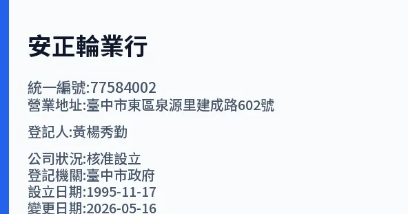 安正輪業行的照片-統編 77584002(臺中市) 公司登記資料與營業項目詳細圖表