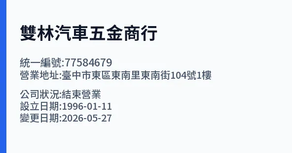 雙林汽車五金商行的照片-統編 77584679(臺中市) 公司登記資料與營業項目詳細圖表