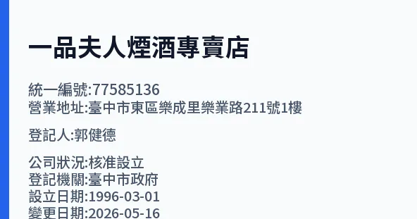 一品夫人煙酒專賣店的照片-統編 77585136(臺中市) 公司登記資料與營業項目詳細圖表