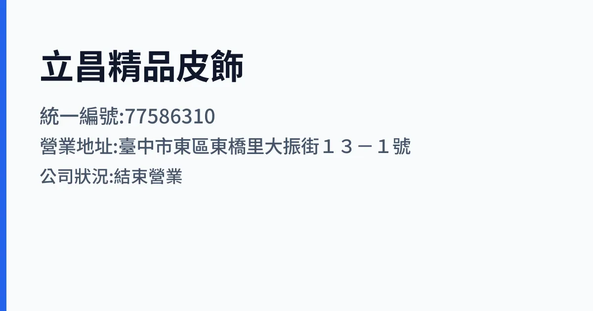 立昌精品皮飾 - 統編 77586310(臺中市) 公司登記資料與營業項目詳細圖表