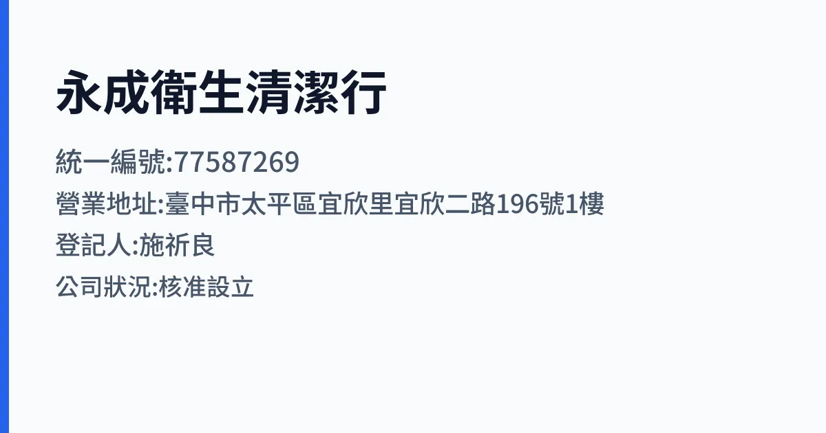永成衛生清潔行 - 統編 77587269(臺中市) 公司登記資料與營業項目詳細圖表