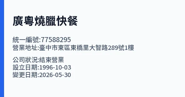 廣粵燒臘快餐的照片-統編 77588295(臺中市) 公司登記資料與營業項目詳細圖表