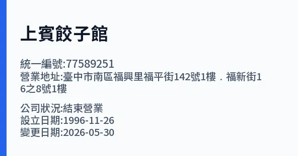 上賓餃子館的照片-統編 77589251(臺中市) 公司登記資料與營業項目詳細圖表