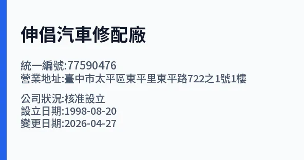 伸倡汽車修配廠的照片-統編 77590476(臺中市) 公司登記資料與營業項目詳細圖表