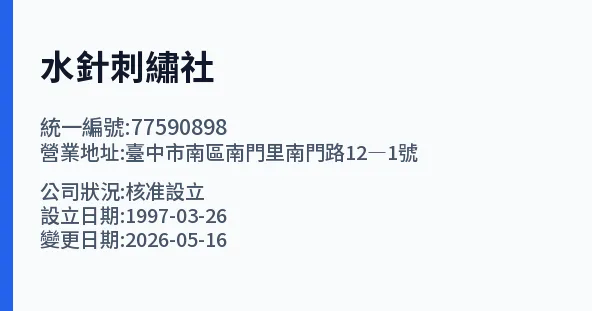 水針刺繡社的照片-統編 77590898(臺中市) 公司登記資料與營業項目詳細圖表